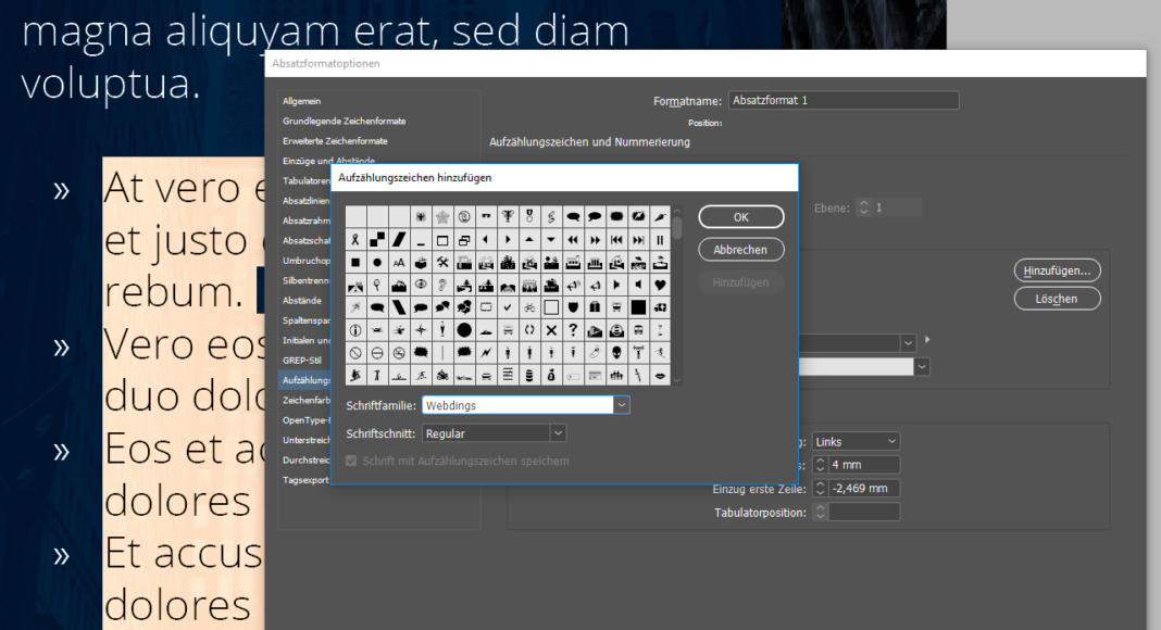 InDesign Aufzählungszeichen formatieren: z.B. Farbe ändern
